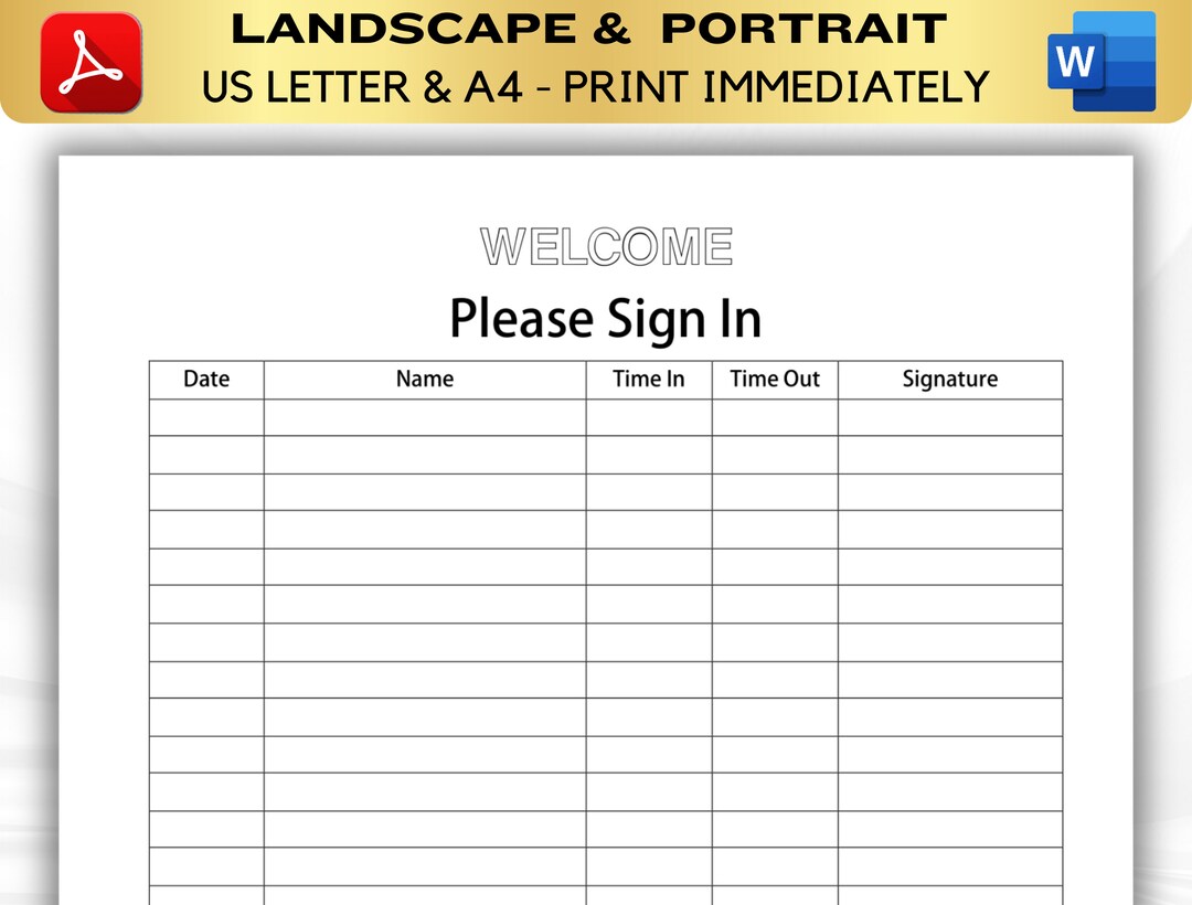 Sign in Sheet - Visitor Log - Minimalist - Printable PDF - A4 / US ...