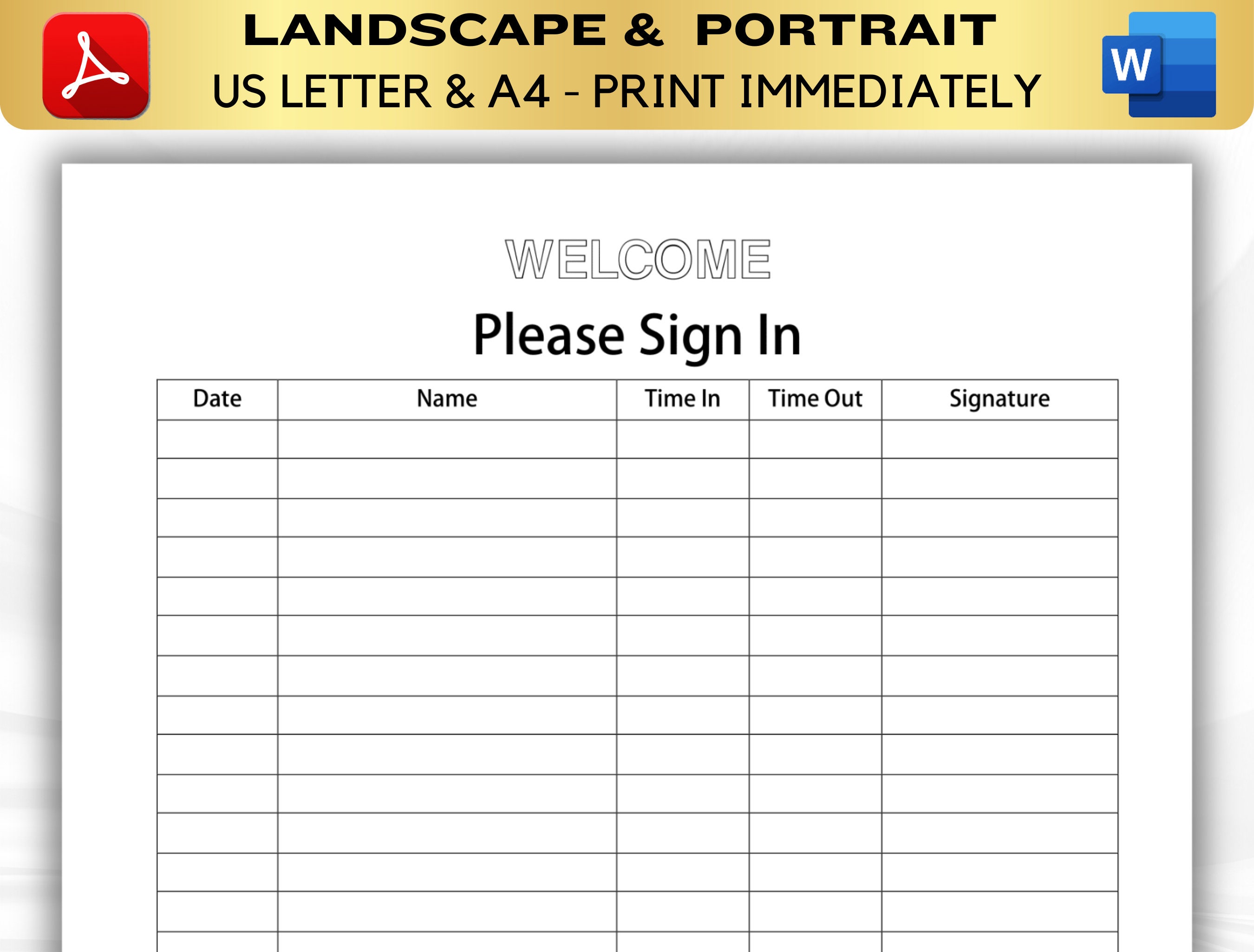 Sign in Sheet - Visitor Log - Minimalist - Printable PDF - A4 / US ...