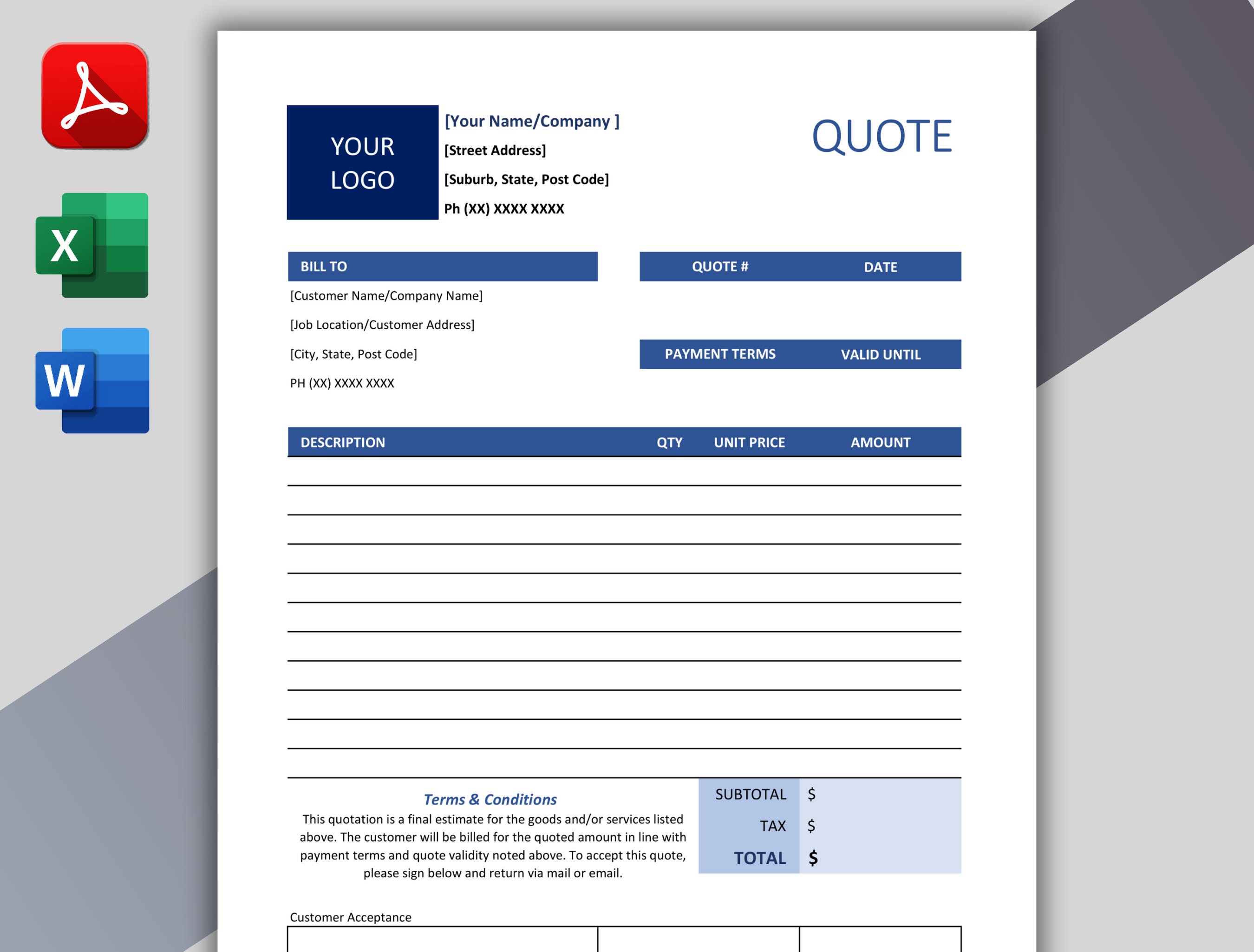 Job Quote Template for Excel PDF Editor Acrobat Reader. Quote Template ...