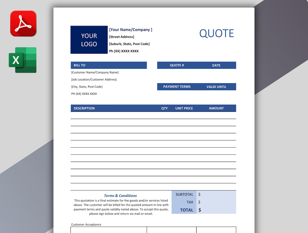 Job Quote Template for Excel PDF Editor Acrobat Reader. - Etsy