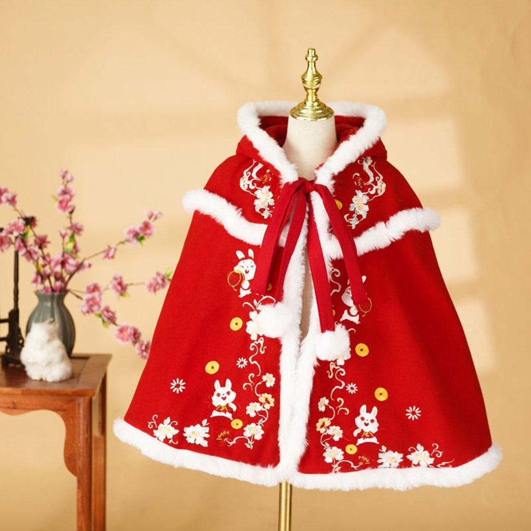 Cute Rabbit Embroidery Hooded Cape Cloak Daughter Winter Long - Etsy