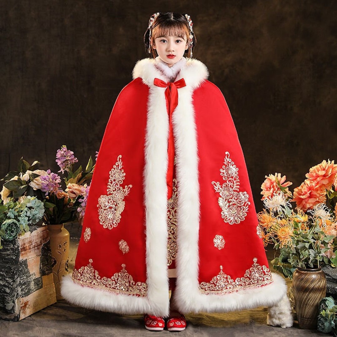 Kids Winter Furry Red Hooded Cape Cloak Daughter Long Cloak - Etsy