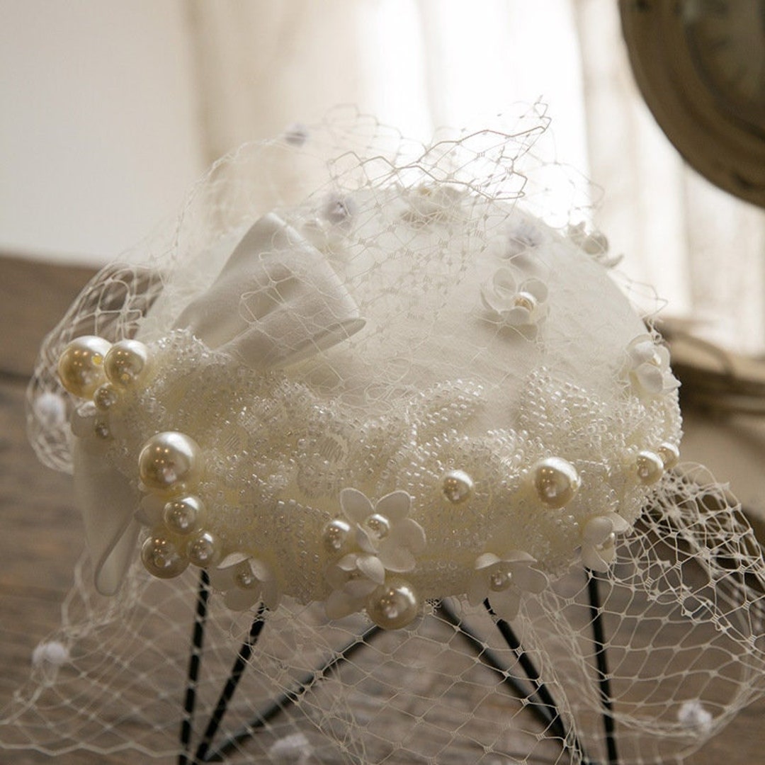 White Flower Pearl Hat With Veil Photo Shoot Hat White - Etsy