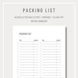 Printable Packing List | Packing List Template | Planner Insert ...