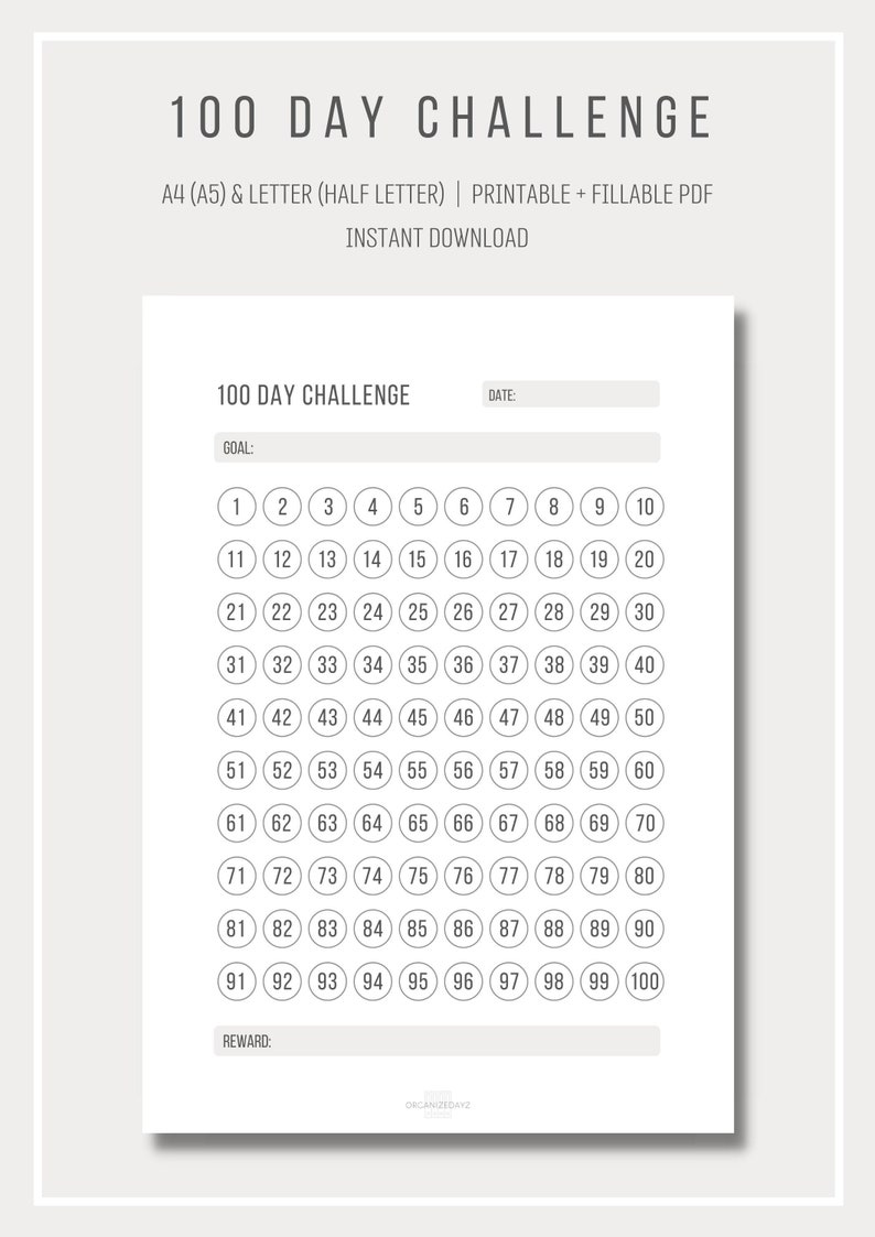 Printable 100 Day Challenge | Goal Setting | Planner Insert | Progress ...