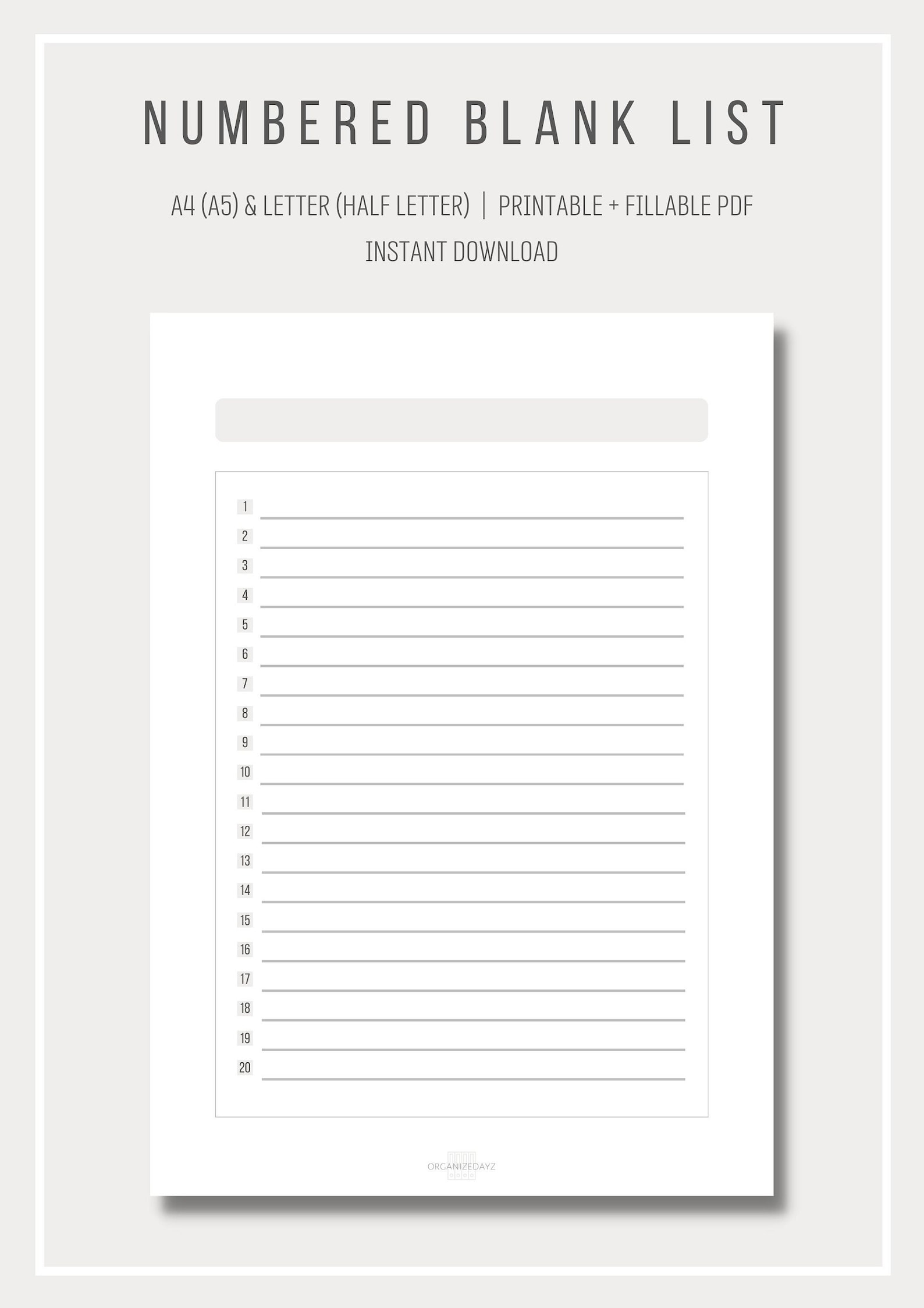 Numbered Blank List | Simple List Template | Printable List | Digital ...