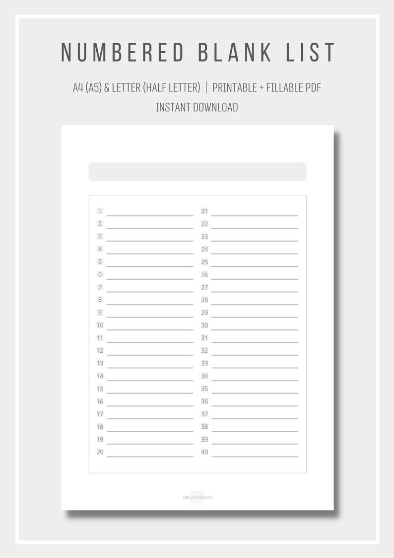 Numbered Blank List | Simple List Template | Printable List | Digital ...