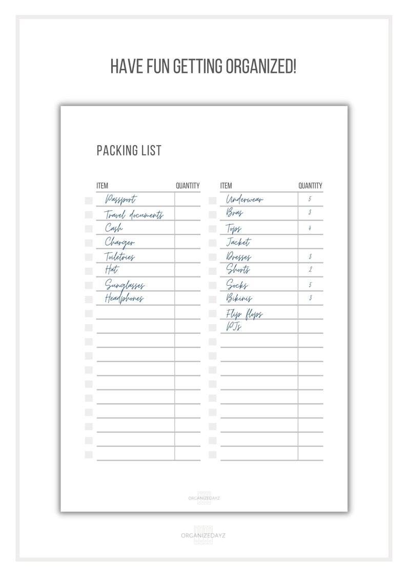 Printable Packing List | Packing List Template | Planner Insert ...