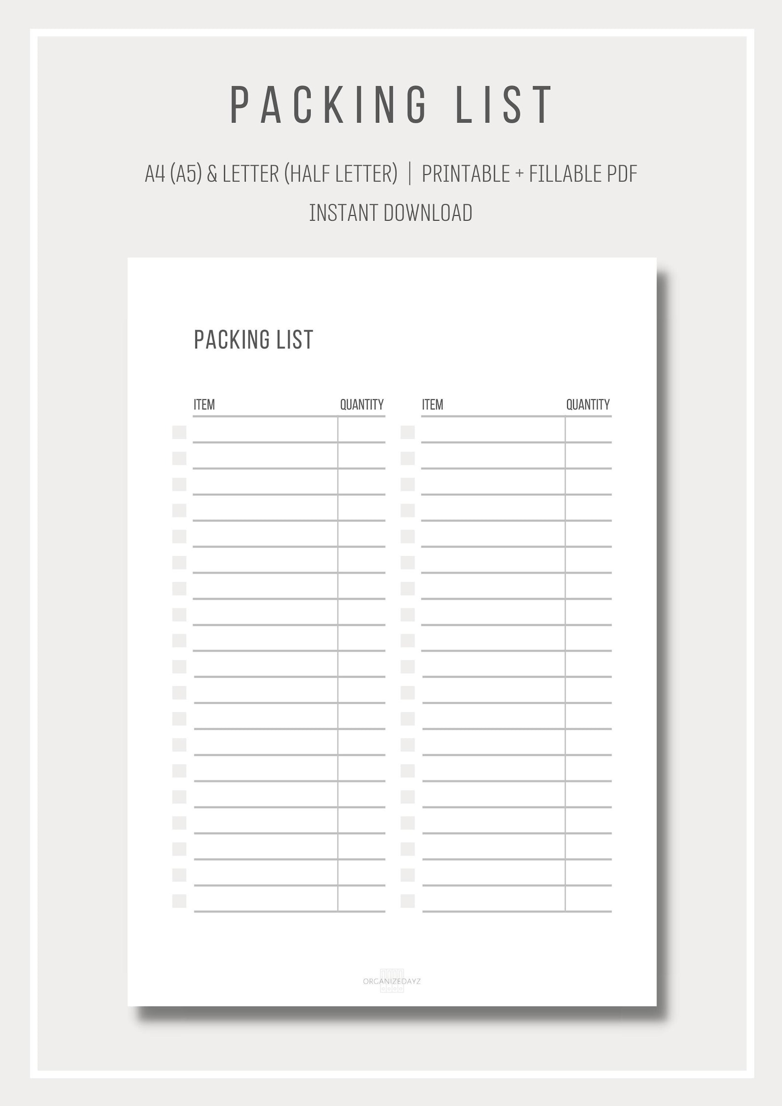 Printable Packing List | Packing List Template | Planner Insert ...