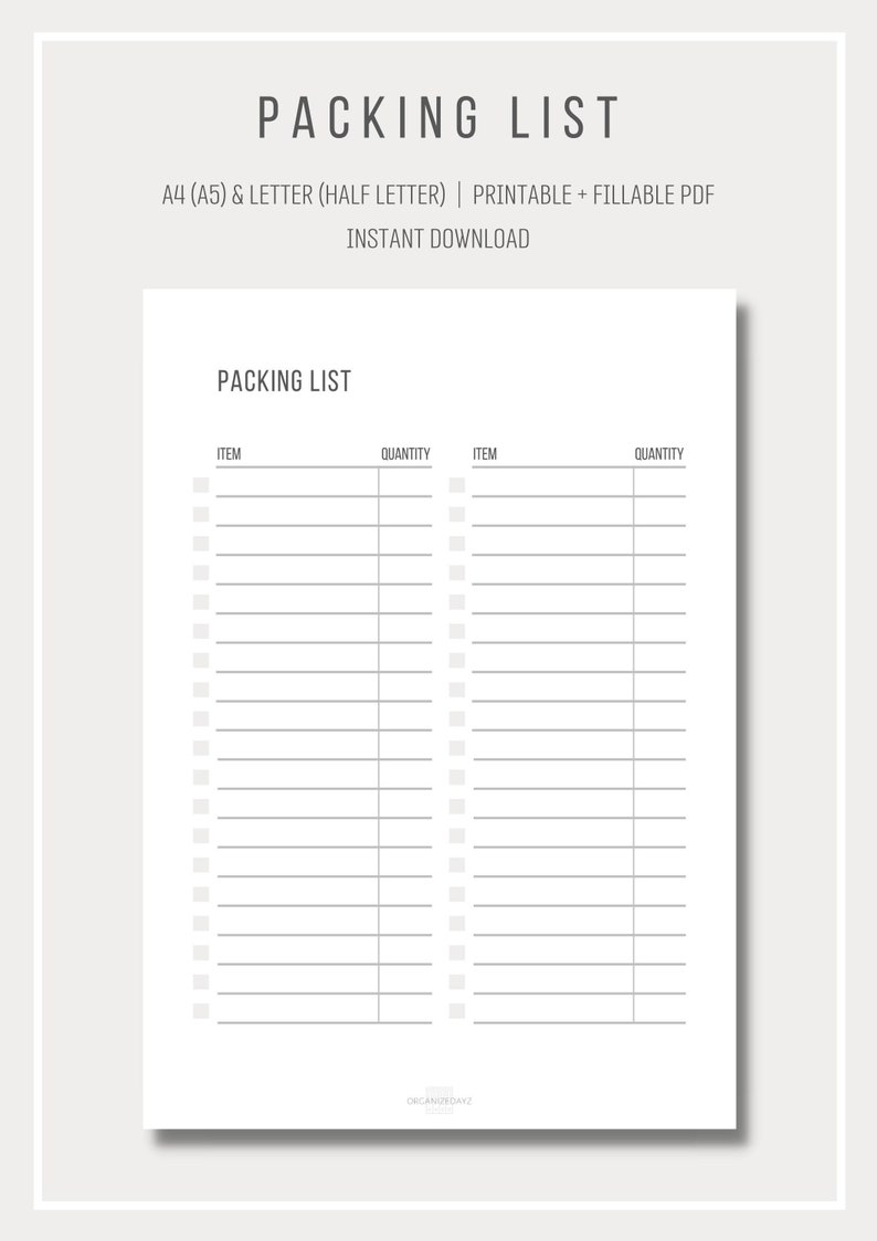 Printable Packing List | Packing List Template | Planner Insert ...