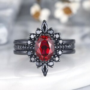 Vintage Black Gold Oval Cut Ruby Engagement Ring Set, Unique Rhodium ...