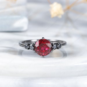 Vintage Round Ruby Black Engagement Ring Set, Unique Ruby and Black ...