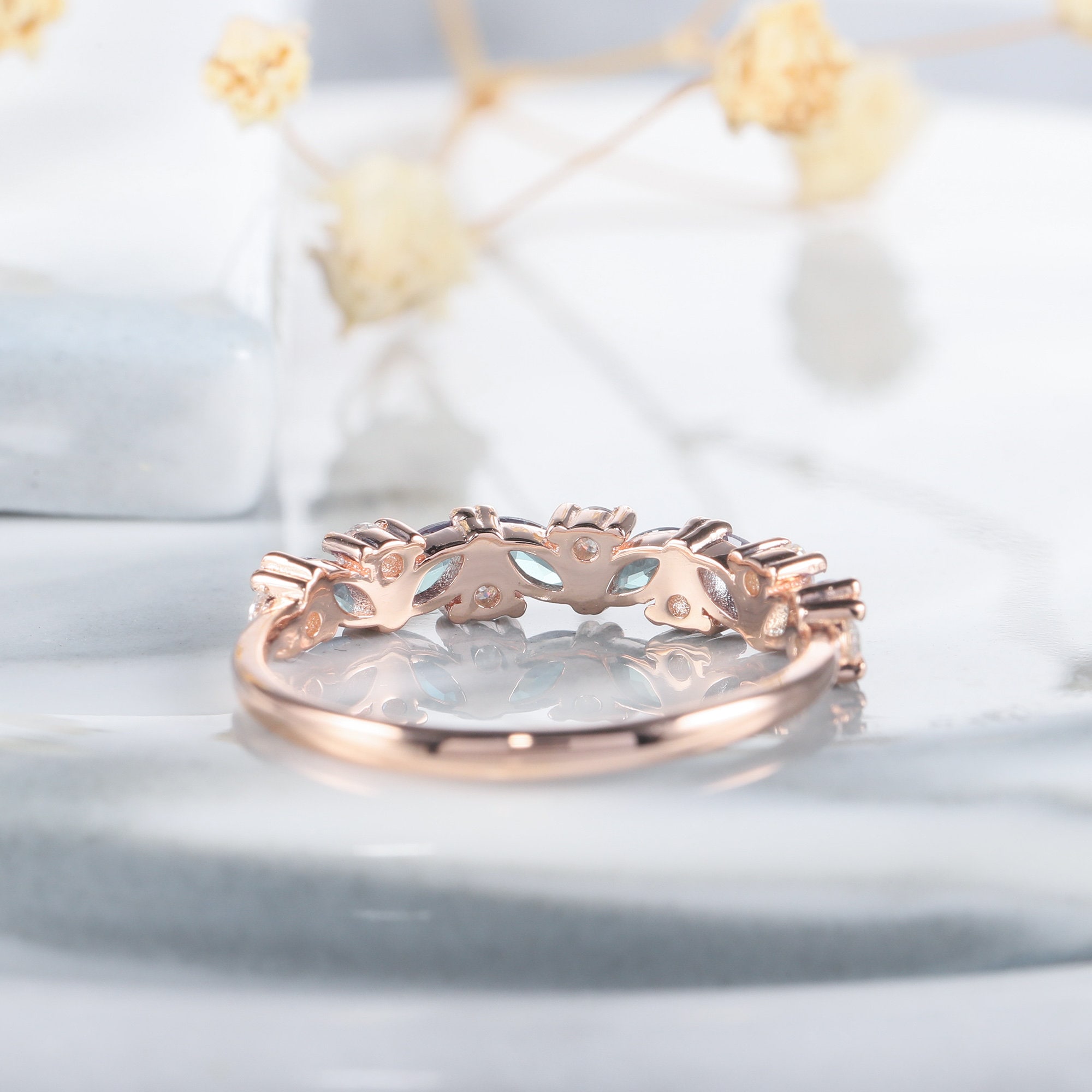 Marquise Alexandrite Wedding Band, 14K Rose Gold Alexandrite Moissanite ...