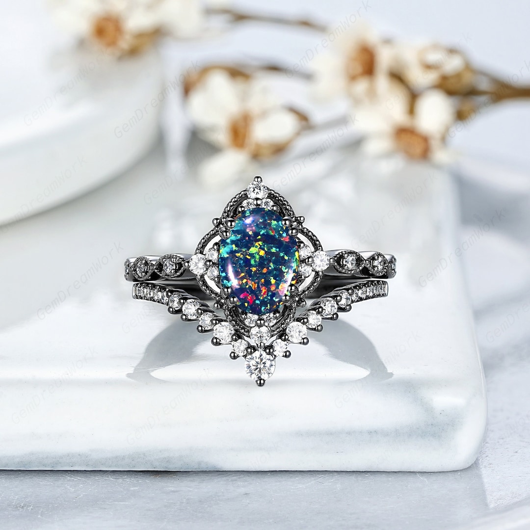 Oval Black Fire Opal Engagement Rings Set Moissanite Cluster Milgrain Wedding Ring Black Gold ...