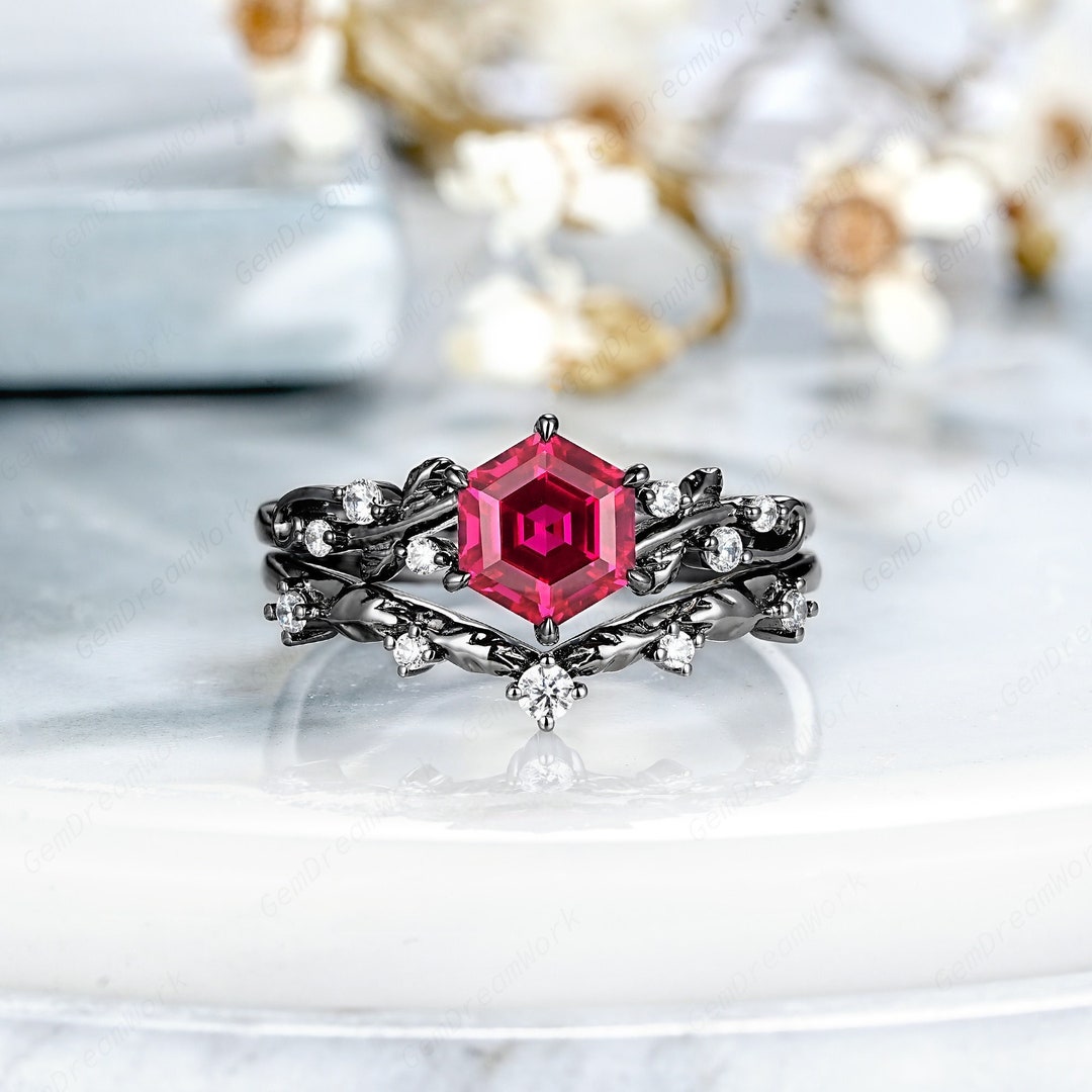 Hexagon Ruby Nature Inspired Wedding Ring Set, Custom Red Ruby Leaf ...