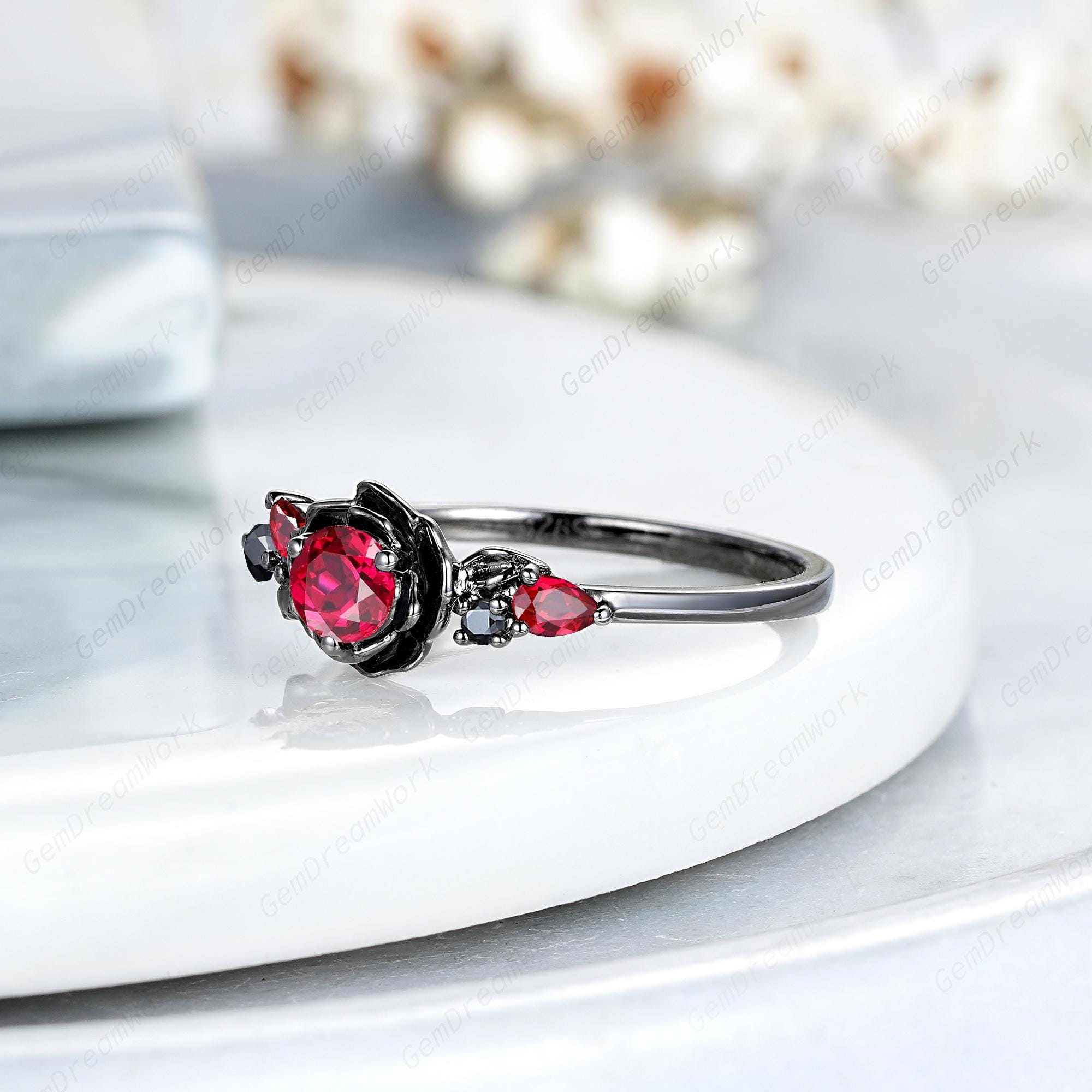 Custom Ruby Rose Flower Engagement Ring Vintage Nature Inspired Leaf ...
