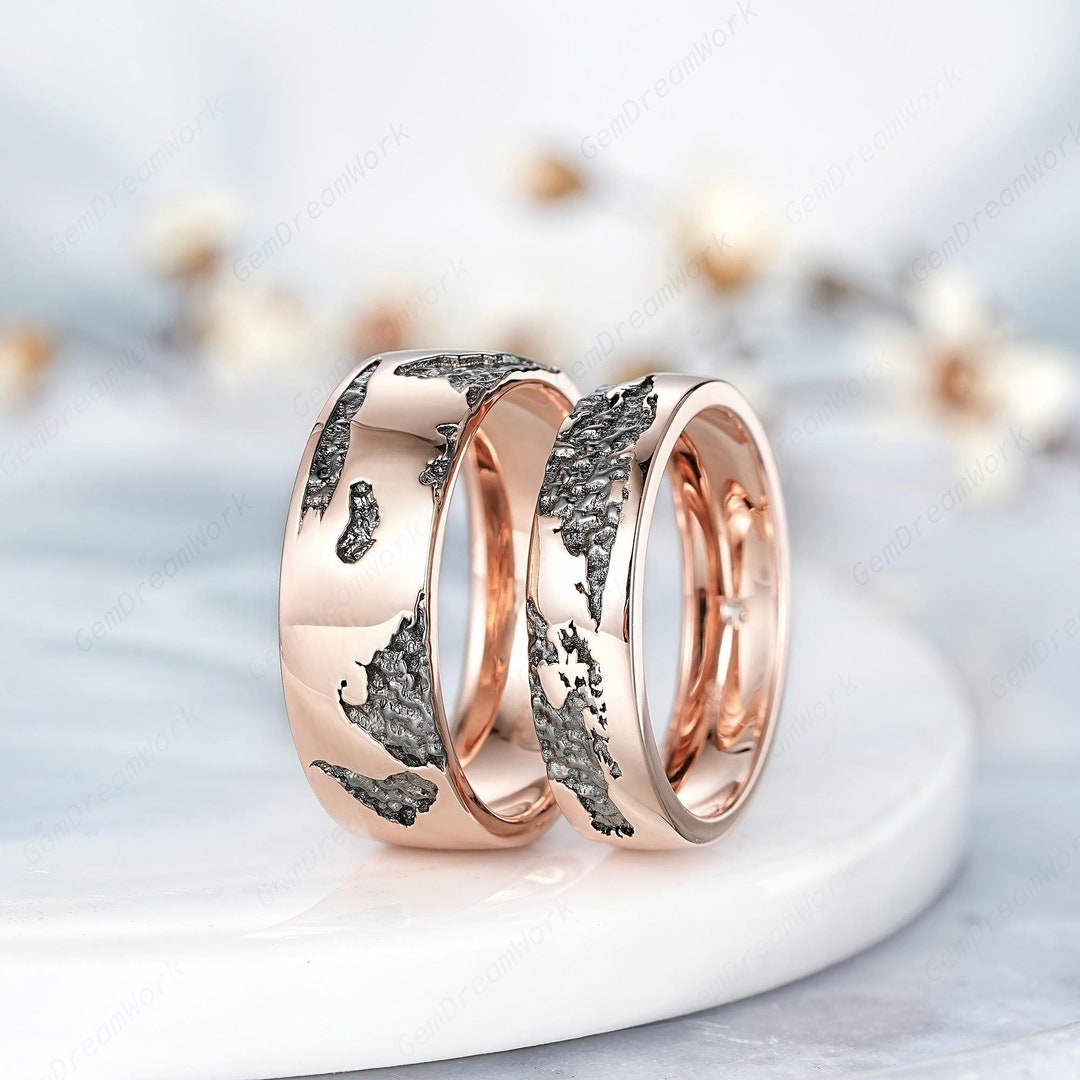 14k Gold World Map Ring Set Two Tones for His and Hers Wedding Bands ...