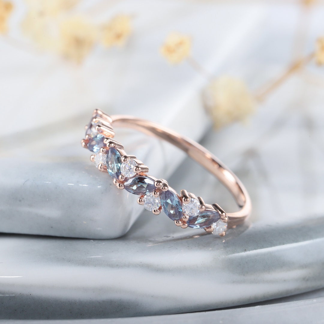 Marquise Alexandrite Wedding Band, 14K Rose Gold Alexandrite Moissanite ...