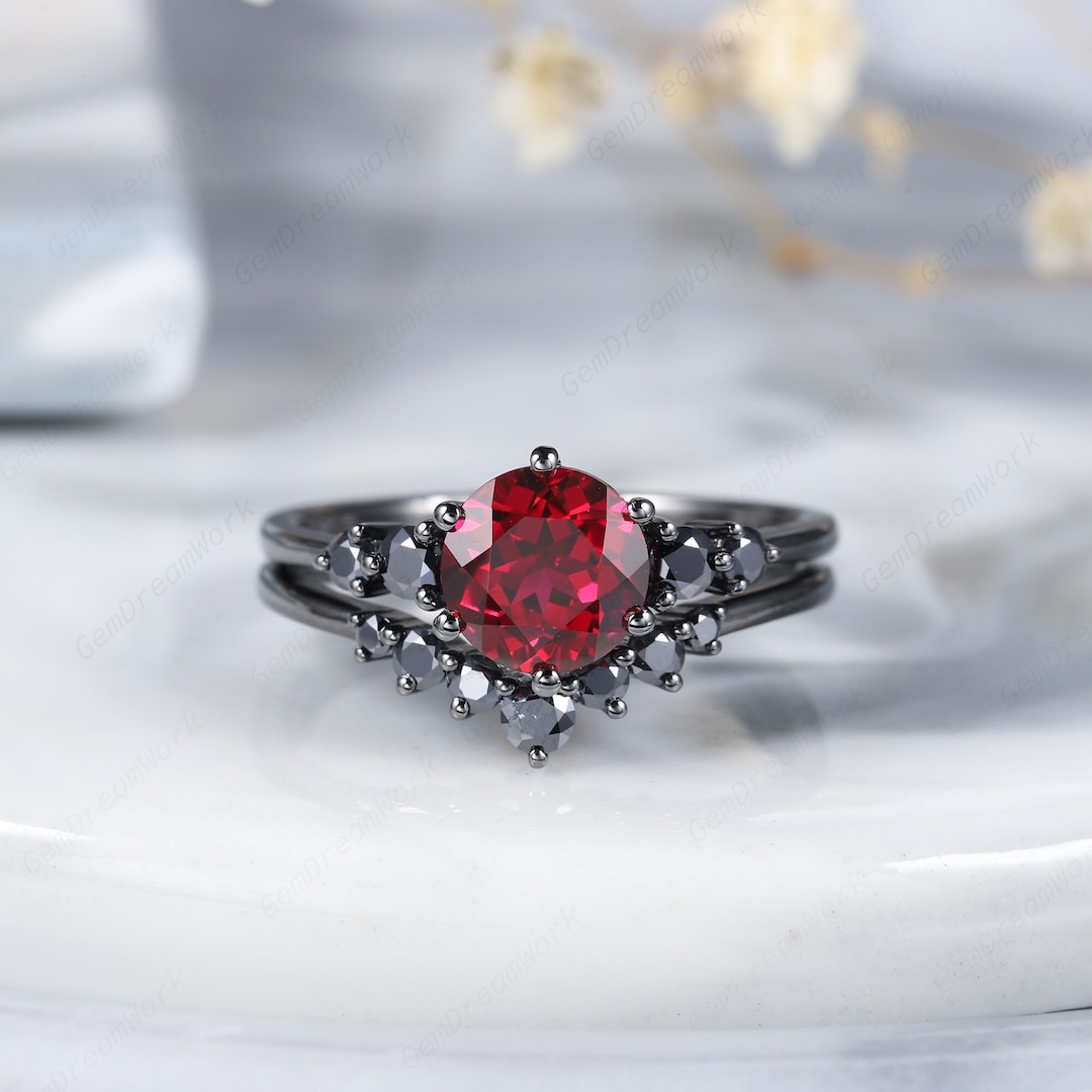 Vintage Round Ruby Black Engagement Ring Set, Unique Ruby and Black ...
