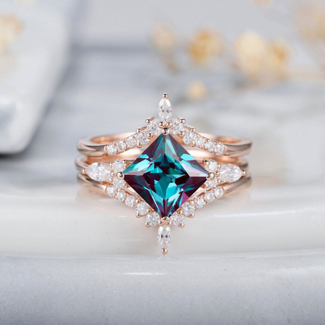 Princess Cut Alexandrite Wedding Ring Set Vintage Gold Alexandrite ...
