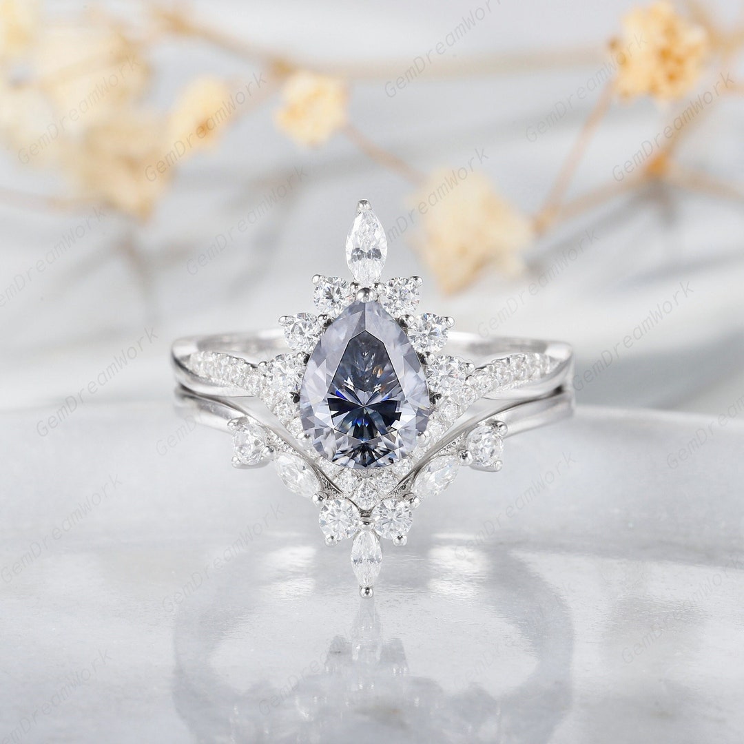 Pear Shape Gray Moissanite Halo Engagement Ring Set, Unique 14K White ...