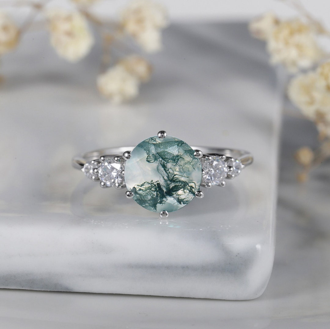 Round Cut Moss Agate Engagement Ring, Vintage Green Tree Agate Ring ...