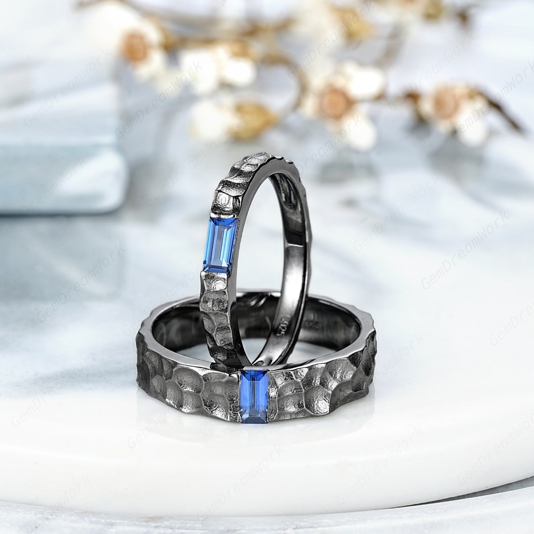 Hammered 2pcs Black Gold Couple Ring Set, Blue Sapphire Engagement ...