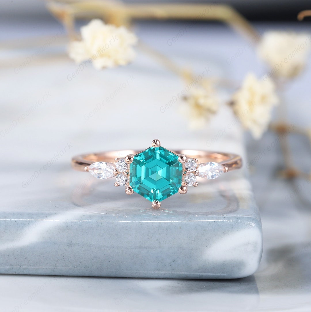 Unique Hexagon Neon Blue Paraiba Tourmaline Engagement Ring, Vintage ...