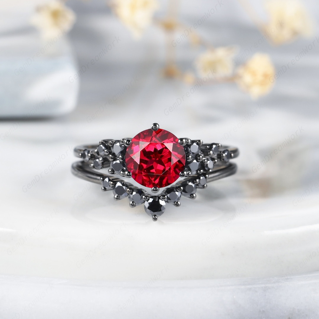 Vintage Round Ruby Black Engagement Ring Set, Unique Ruby and Black ...