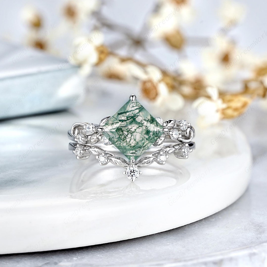 Natural Princess Cut Moss Agate Wedding Ring Set, White Gold Green ...