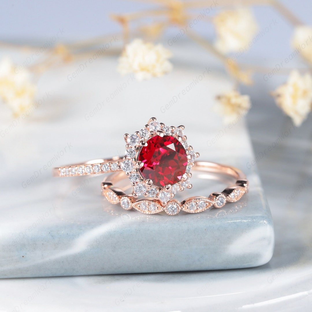 Dainty Round Ruby Engagement Ring Set, Ruby Floral Halo Moissanite Bridal Set, Vintage 14K Rose ...