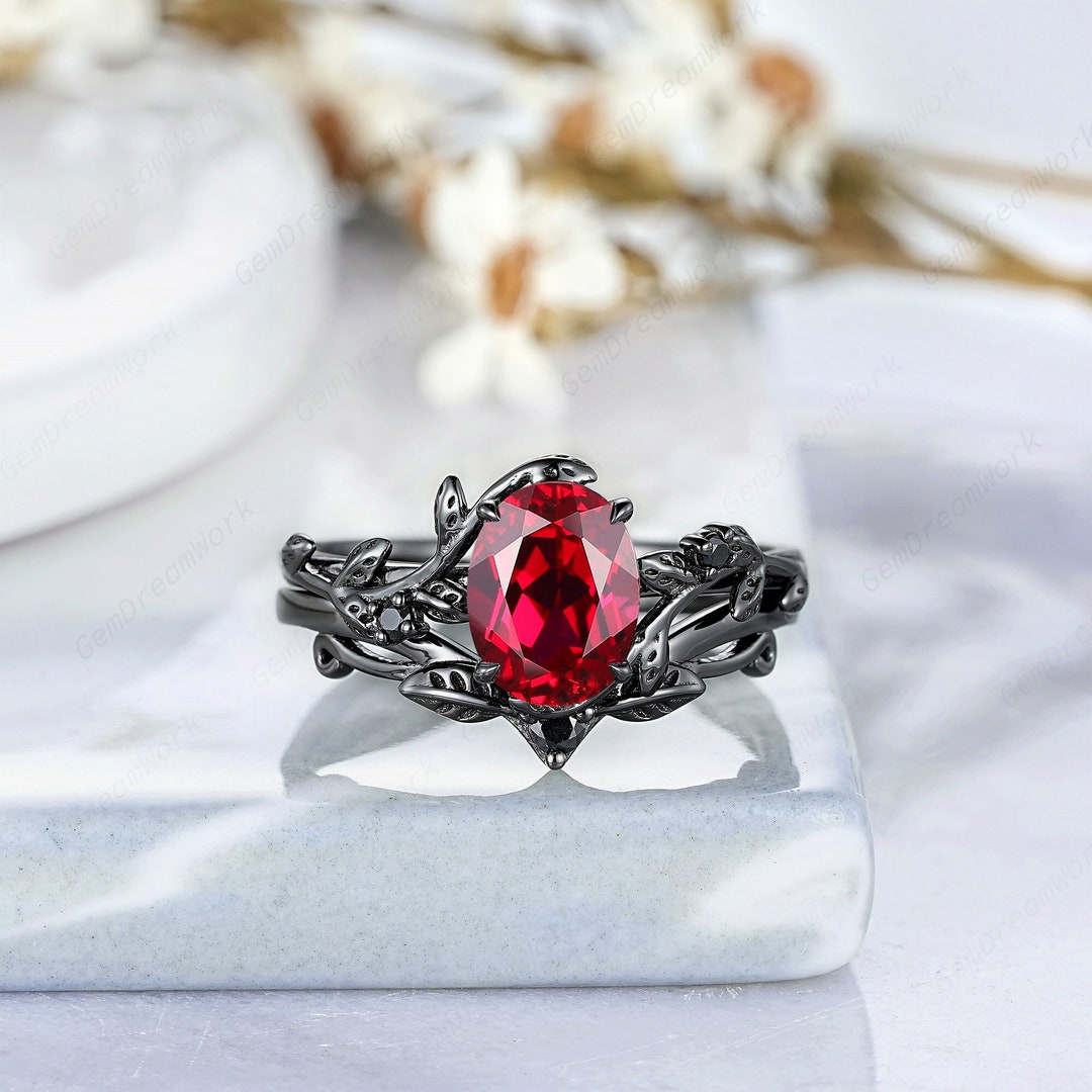 Oval Ruby Wedding Ring Set Black Gold Moissanite Engagement Ring Gothic ...