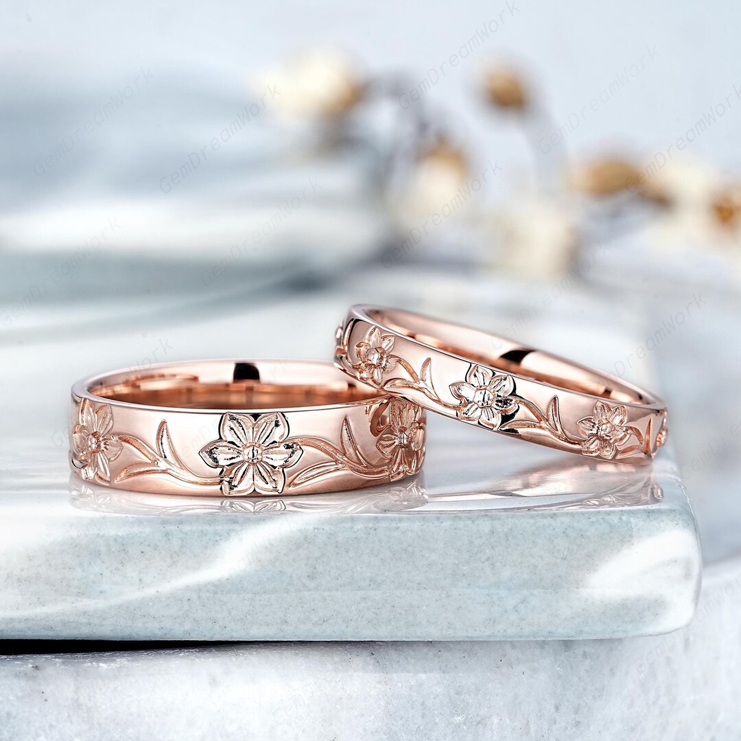 Narcissus Flower Couple Rings Set Dainty 14krose Gold His and Hers ...