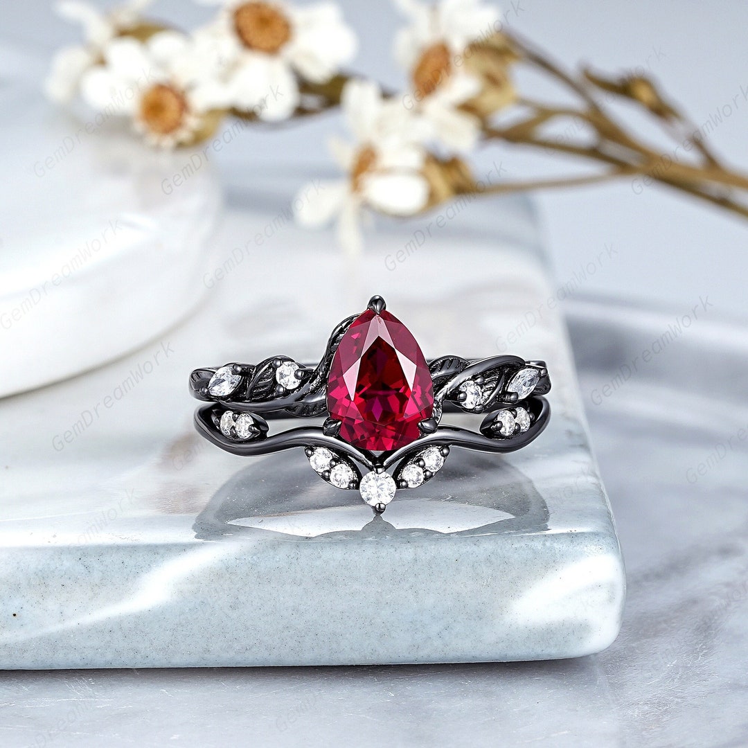 Gothic Black Gold Ruby Engagement Ring Set Unique Pear Shape - Etsy