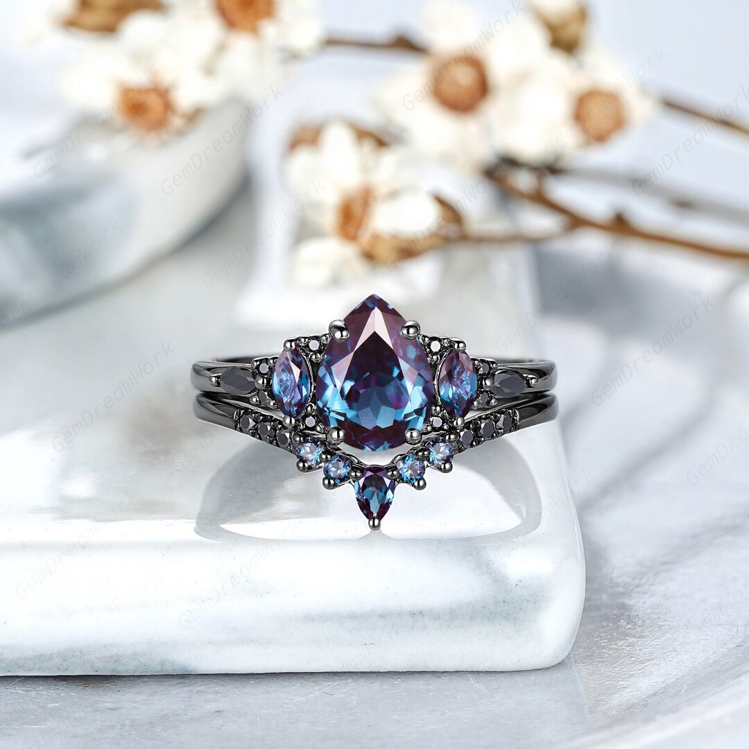 Pear Alexandrite Engagement Ring Set Black Moissanite Cluster Wedding ...