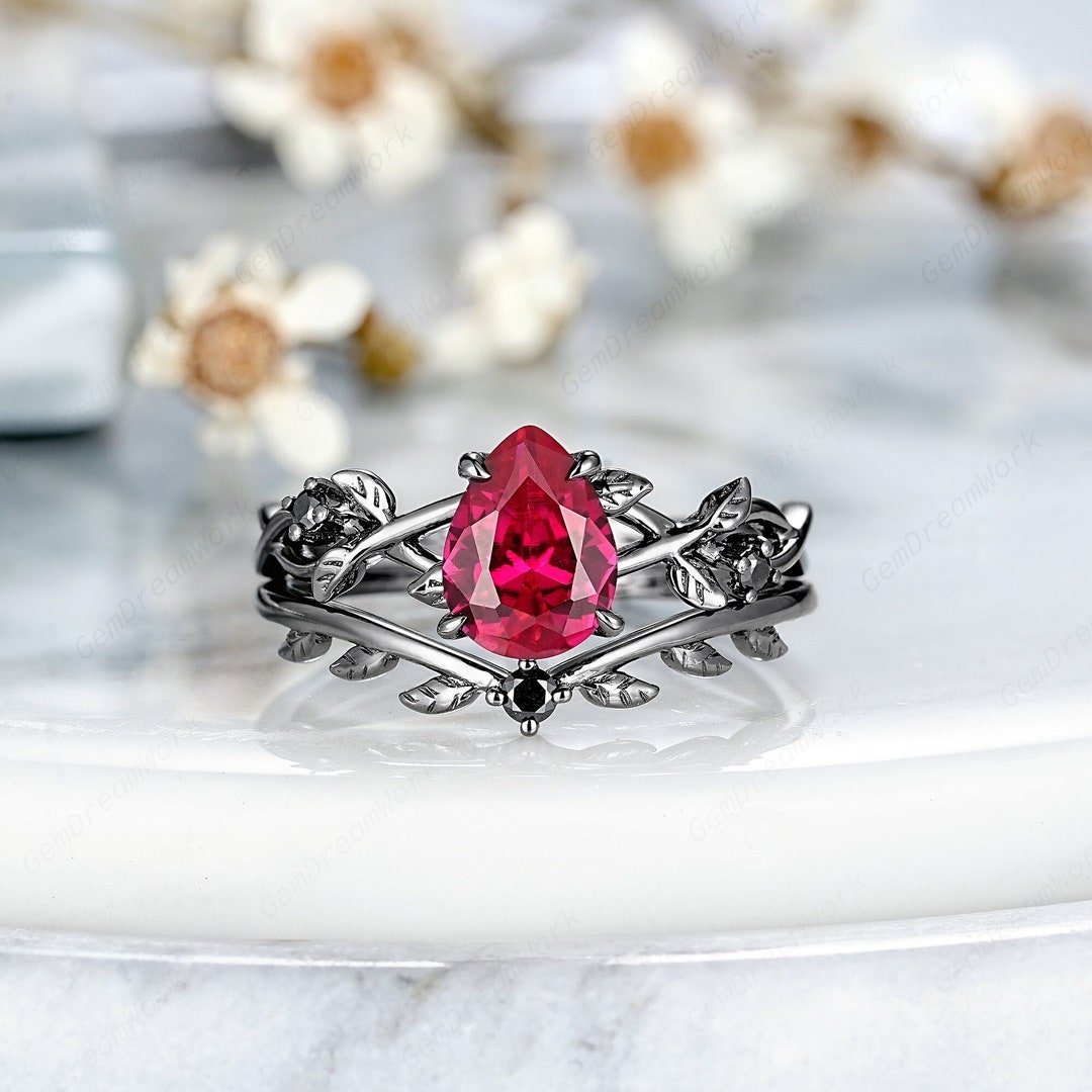 Vintage Pear Ruby Leaf Engagement Ring Set Nature Inspired Anniversary Ring Custom Black Gold ...