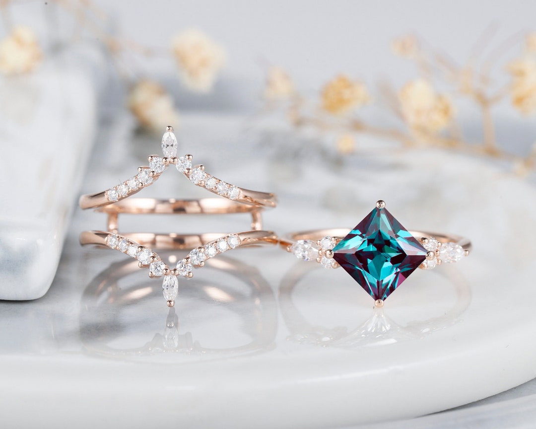 Princess Cut Alexandrite Engagement Ring Set, Unique Alexandrite Bridal ...