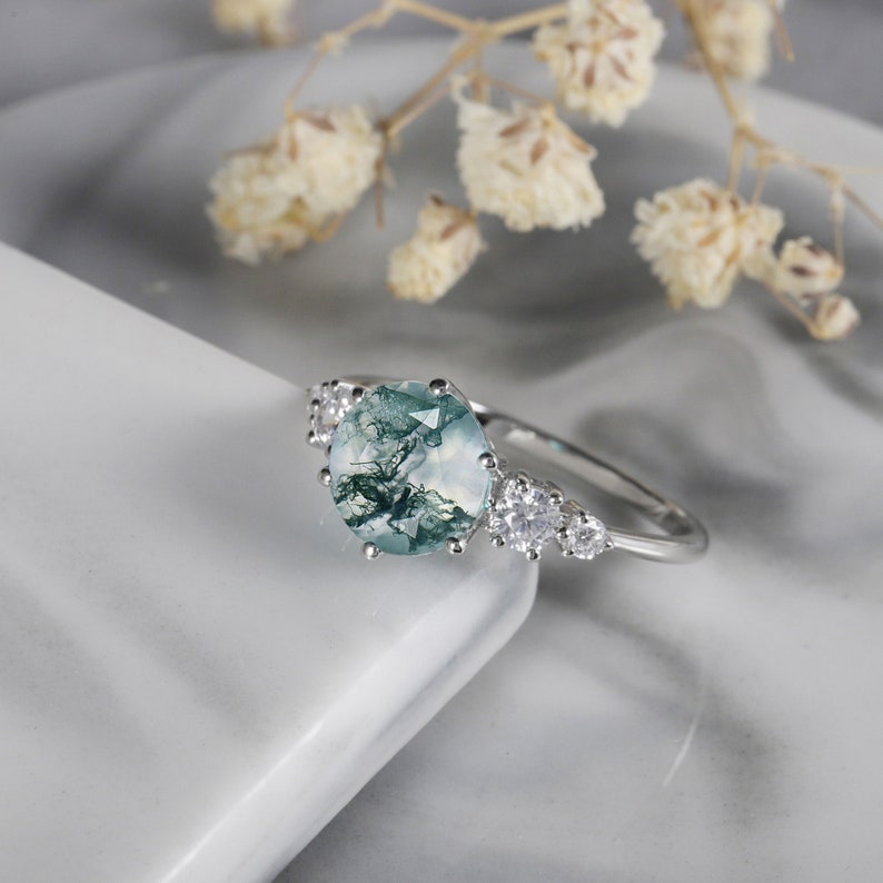Round Cut Moss Agate Engagement Ring, Vintage Green Tree Agate Ring ...