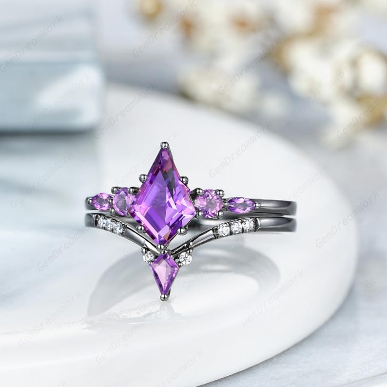 Kite Cut Amethyst Engagement Rings Black Gold Gothic Wedding Ring ...