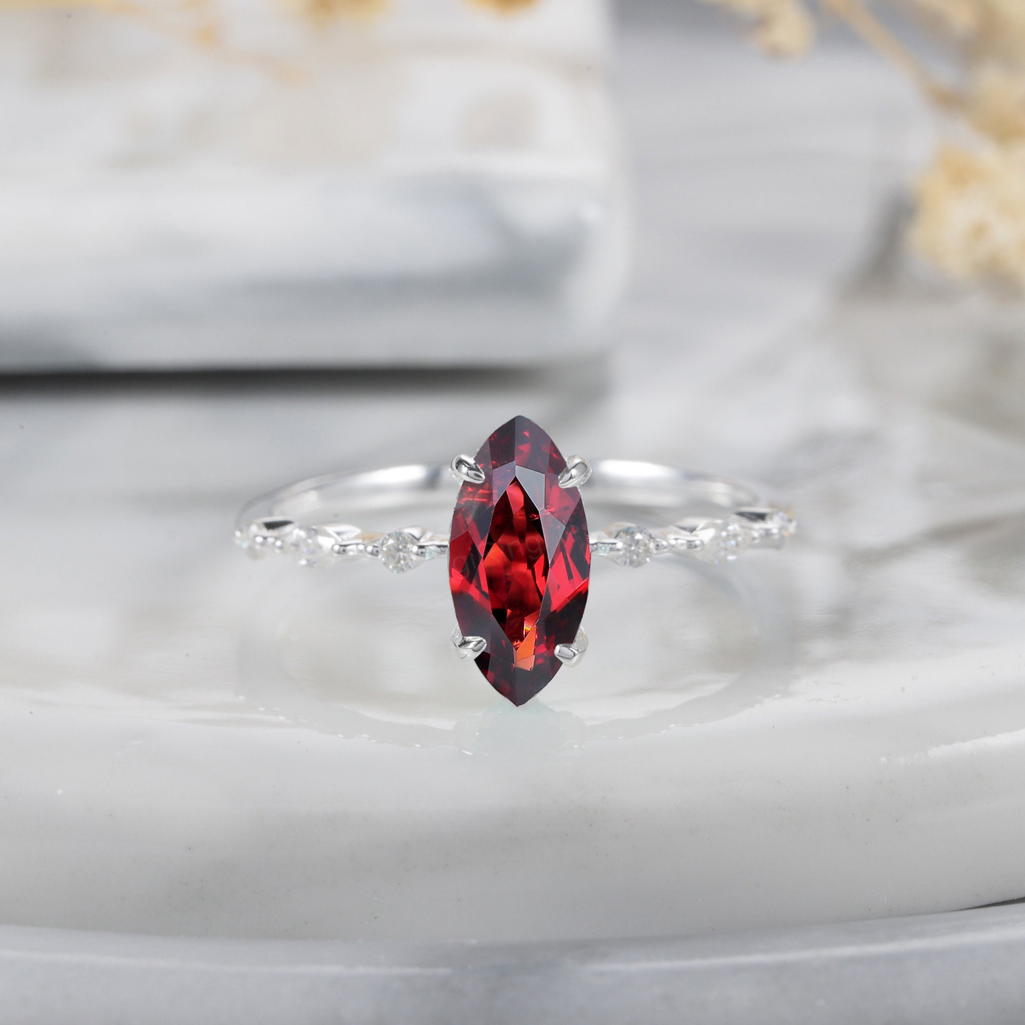 Vintage Marquise Garnet Engagement Ring Art Deco 14K White - Etsy