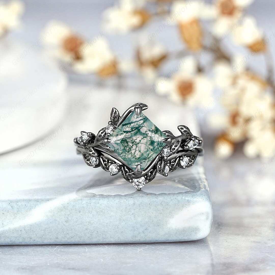 Princess Cut Moss Agate Engagement Ring Set Black Gold Leaf Branch ...