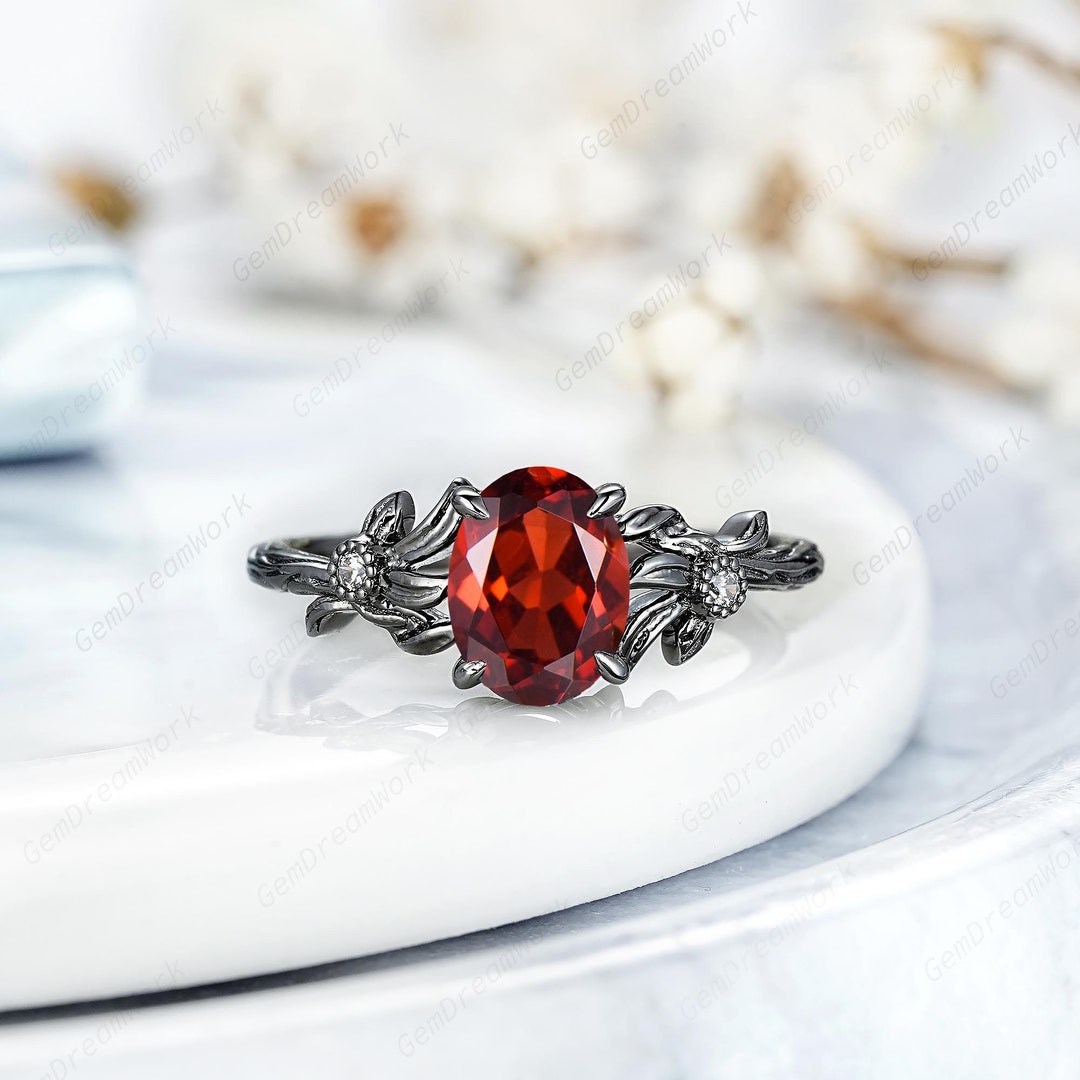 Oval Shape Red Garnet Engagement Ring Set Gothic Black Gold Leaf ...