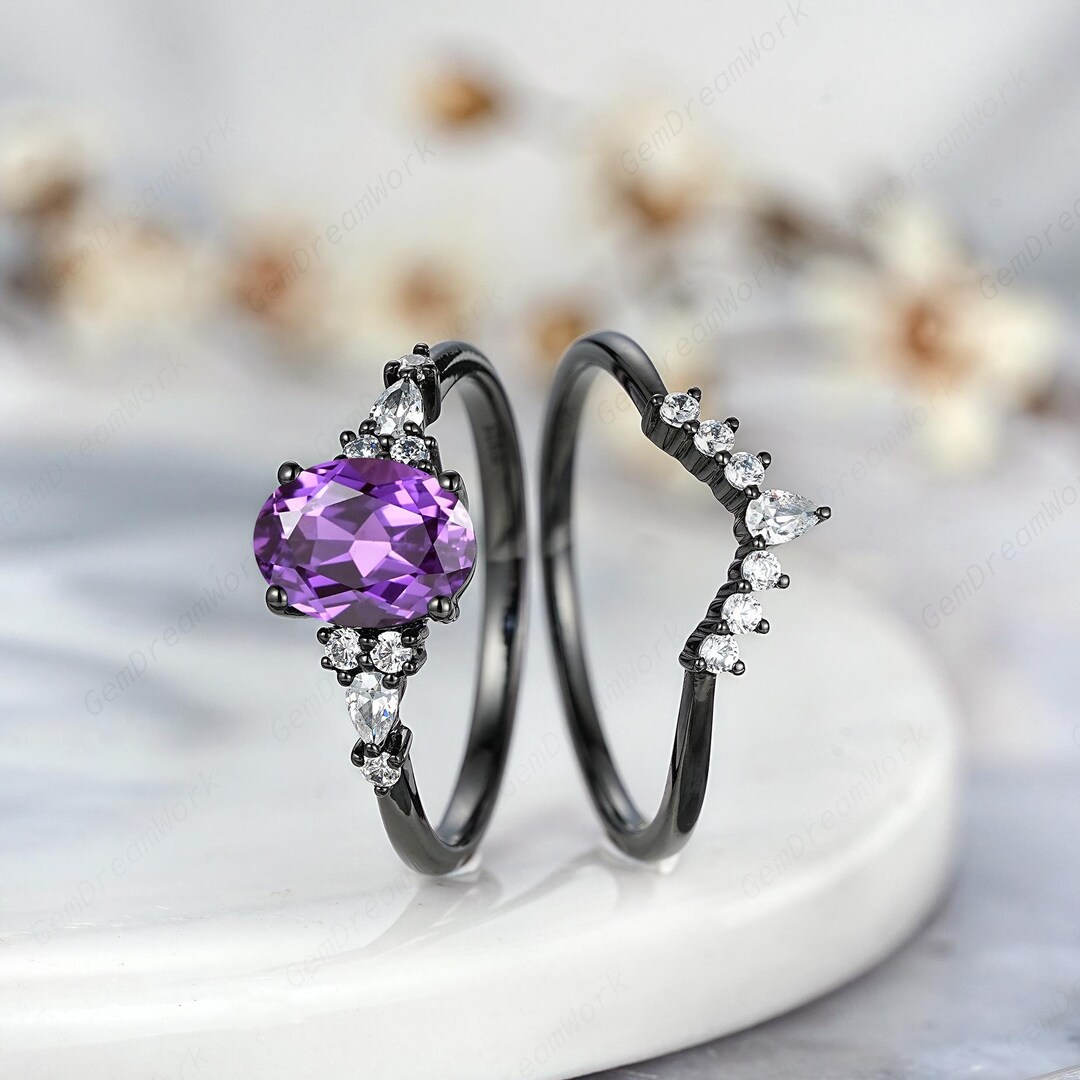 Oval Purple Sapphire Engagement Rings Black Gold Moissanite Cluster ...