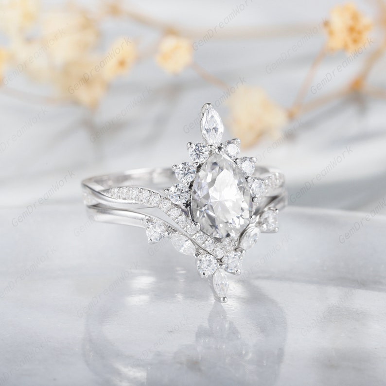 Pear Moissanite Engagement Ring Set Unique 14K White Gold Moissanite ...