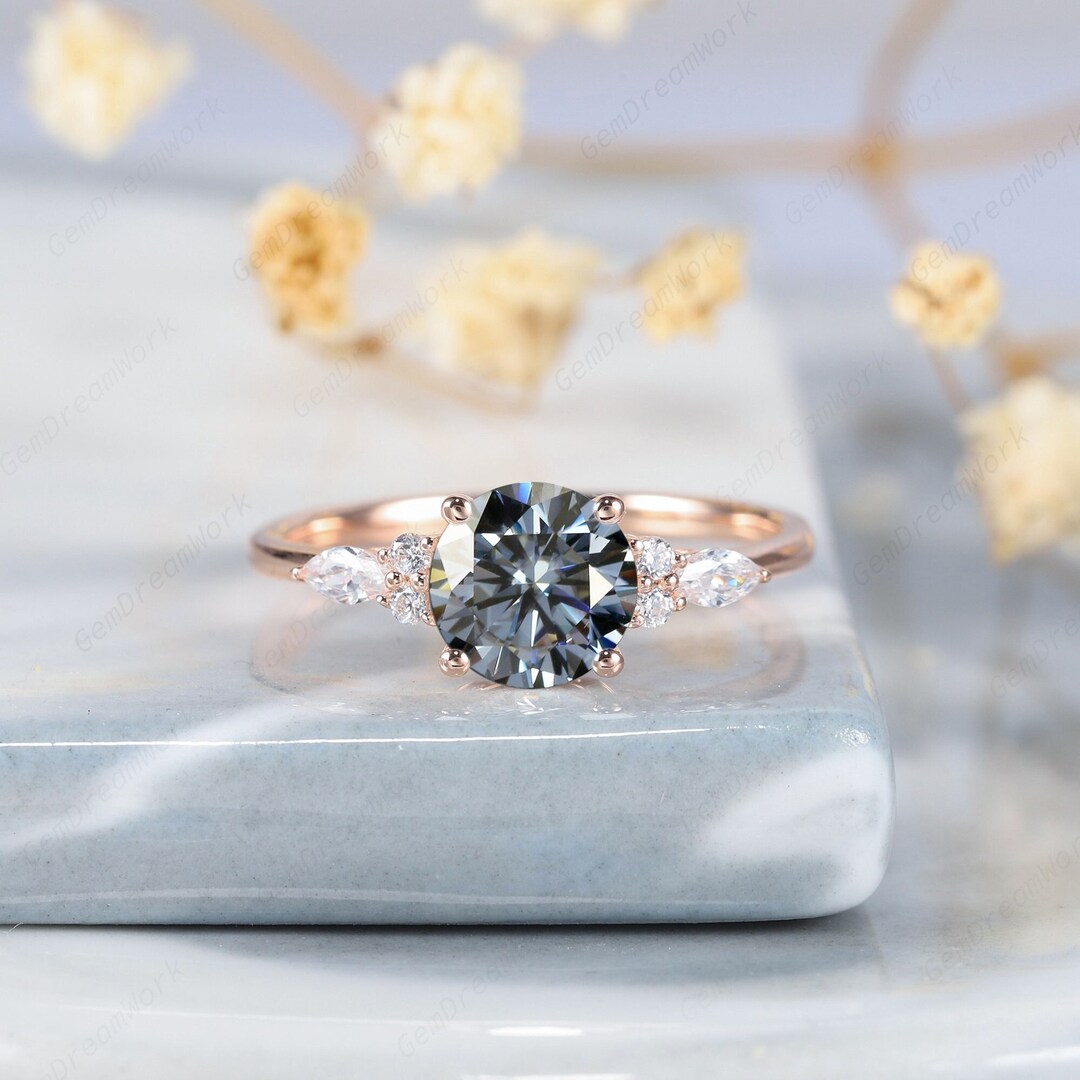Unique Round Gray Moissanite Engagement Ring, Vintage 14K Rose Gold ...