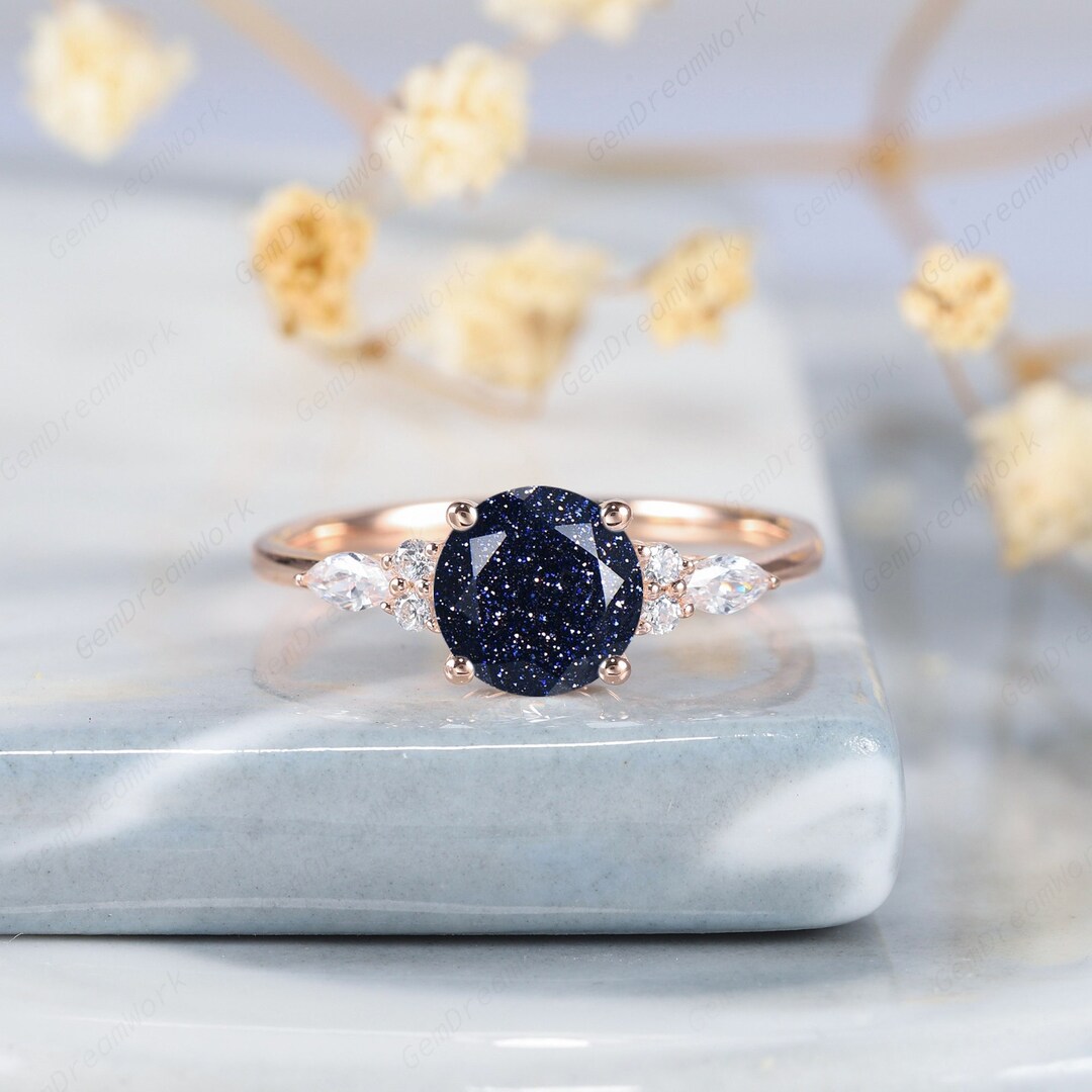 Unique Round Cut Blue Sandstone Ring, Rose Gold Blue Gemstone Promise ...