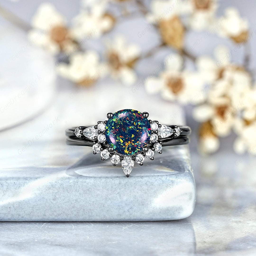 Round Black Opal Engagement Ring Set Gothic Black Fire Opal Wedding ...
