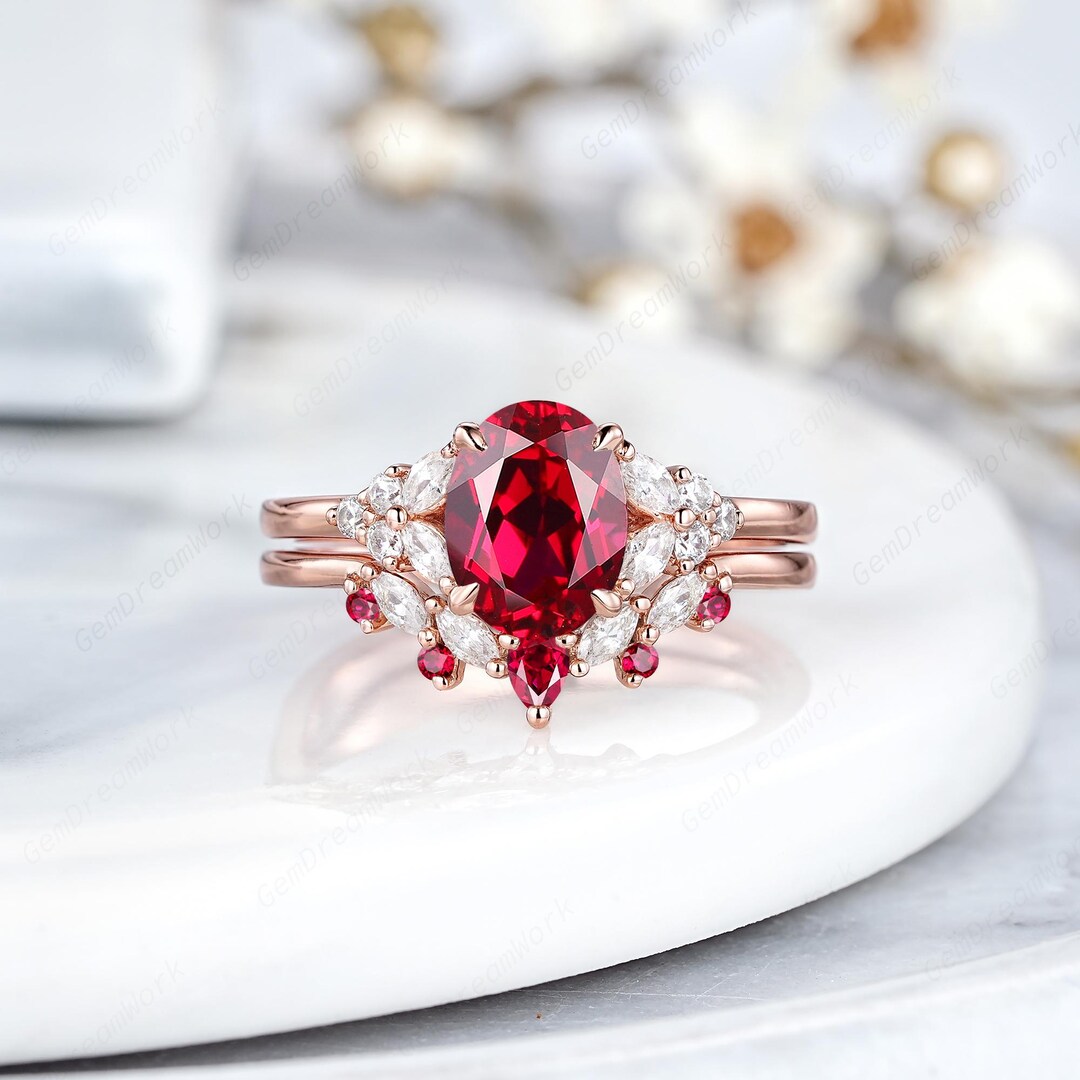 Oval Shaped Red Ruby Engagement Ring Set Vintage Moissanite Cluster ...