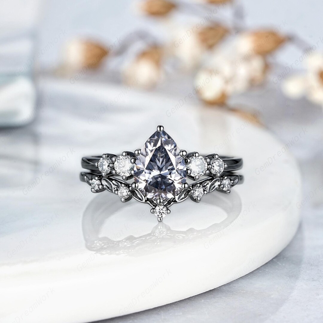 Pear Gray Moissanite Engagement Rings Set Gothic Black Gold Moissanite ...