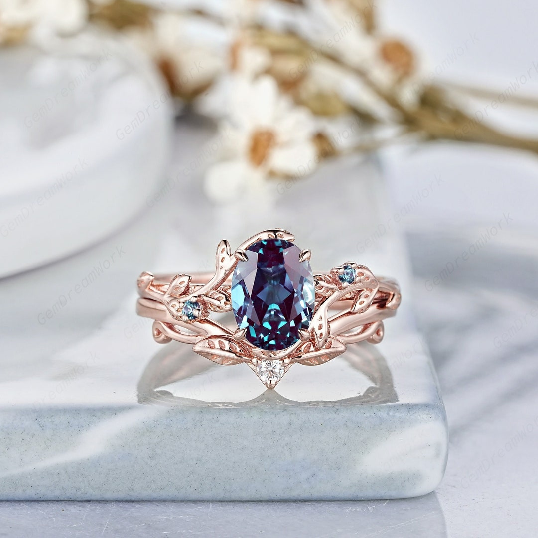 Oval Shape Alexandrite Leaf Engagement Ring Set, Nature Inspired Rose ...